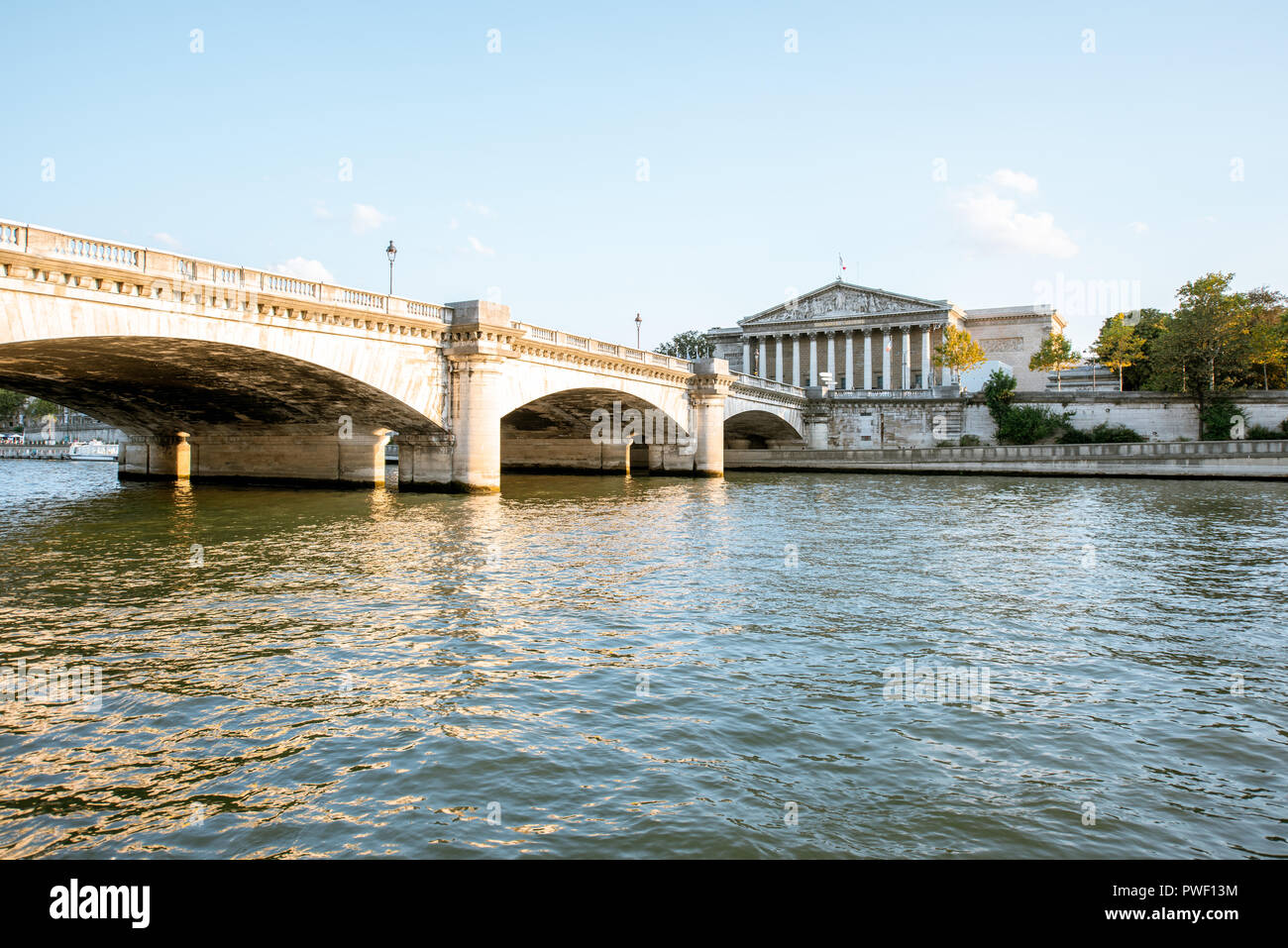 Landscape view on the riverside from the boat sailing on Seine river ...