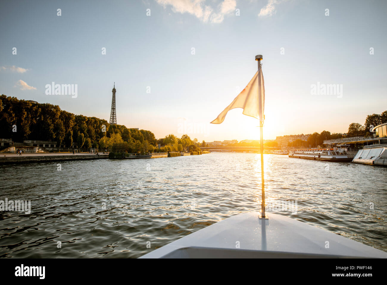 Landscape view on the riverside from the boat sailing on Seine river ...