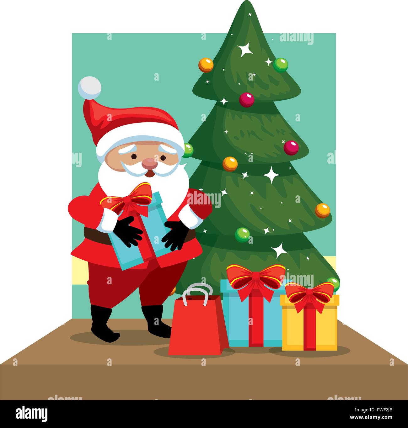cute santa claus with tree and gifts vector illustration design Stock ...