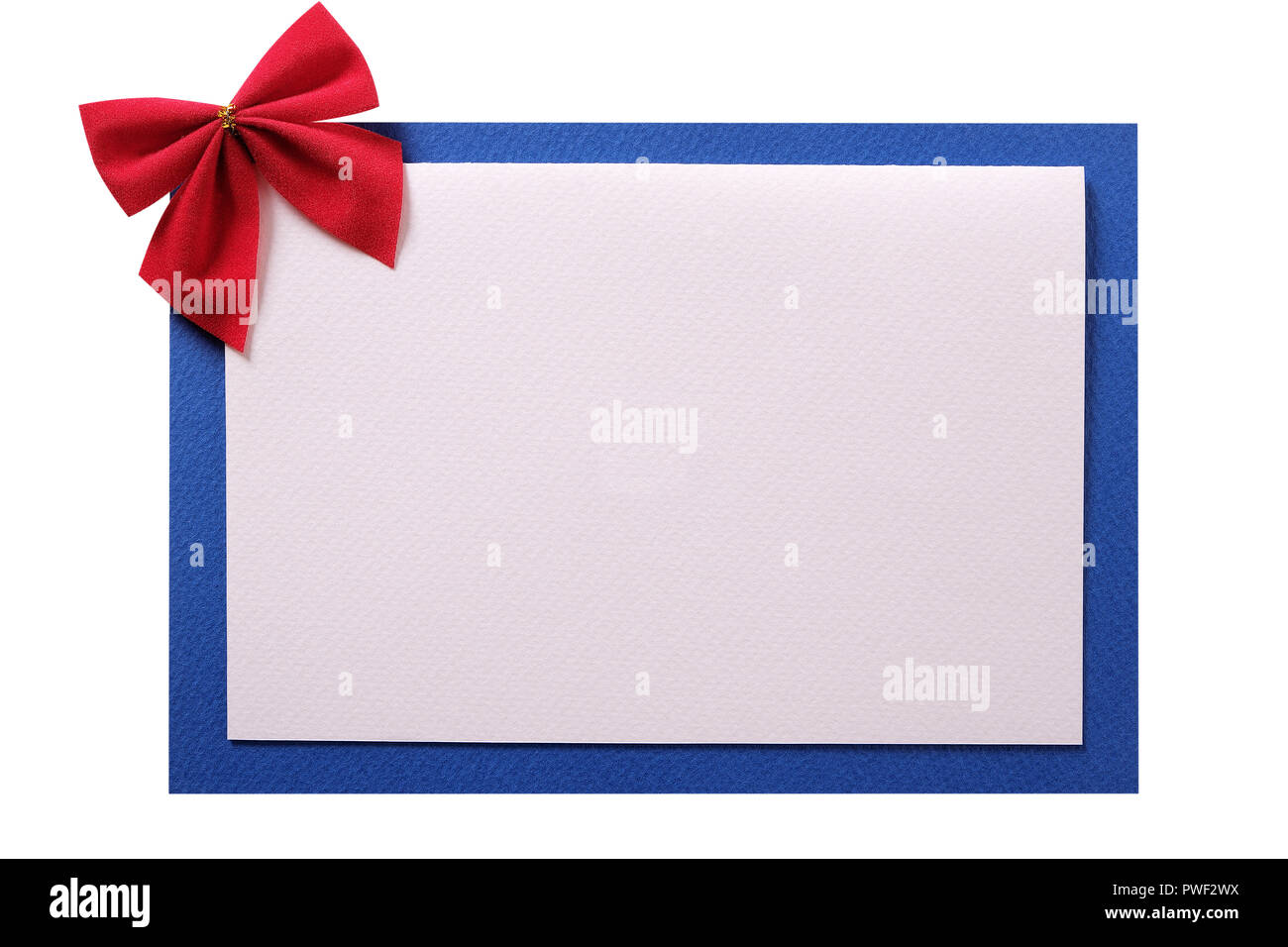 Christmas card red bow blue border isolated Stock Photo - Alamy