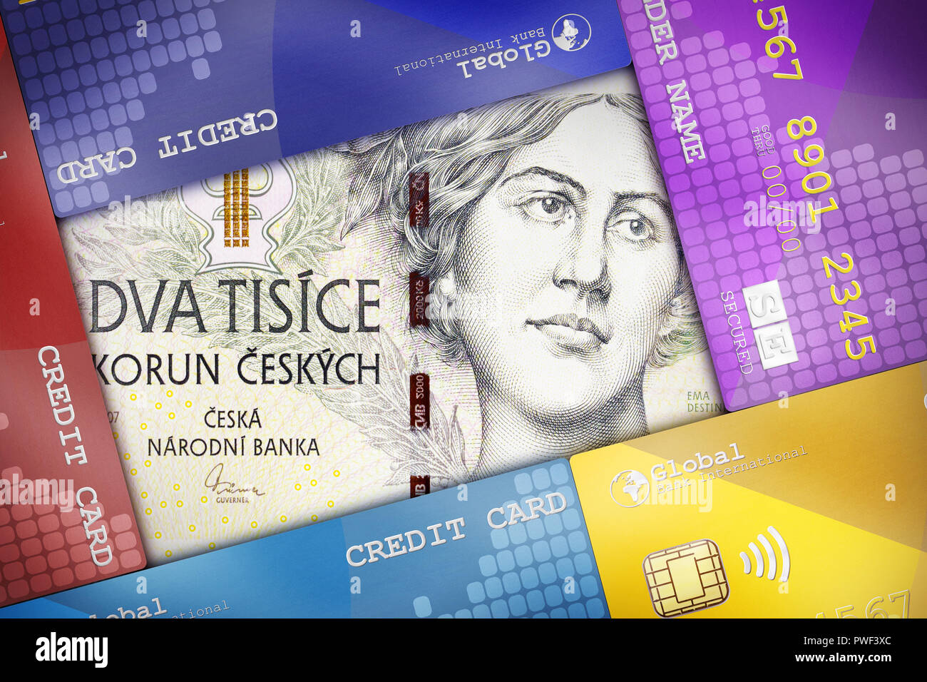 Credit Cards beautifully arranged to cover a money bill symbolizing ...