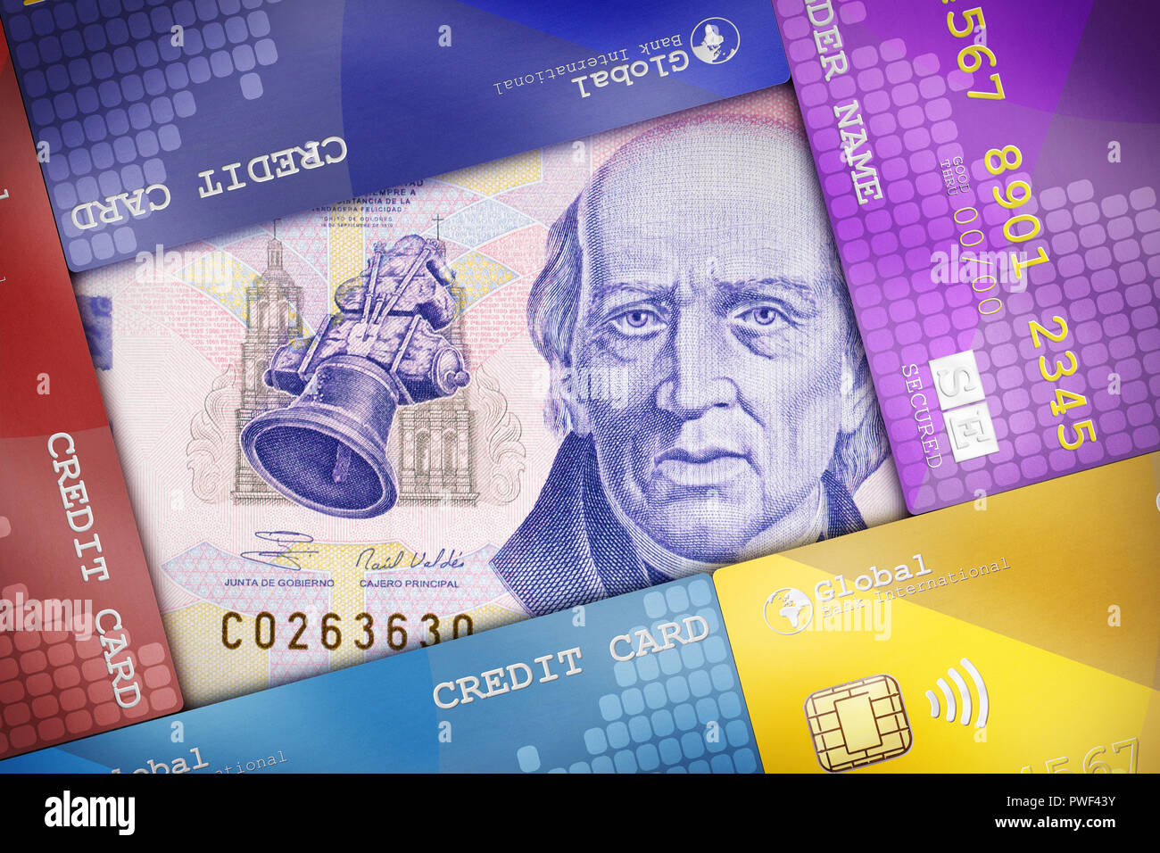 Credit Cards beautifully arranged to cover a money bill symbolizing ...