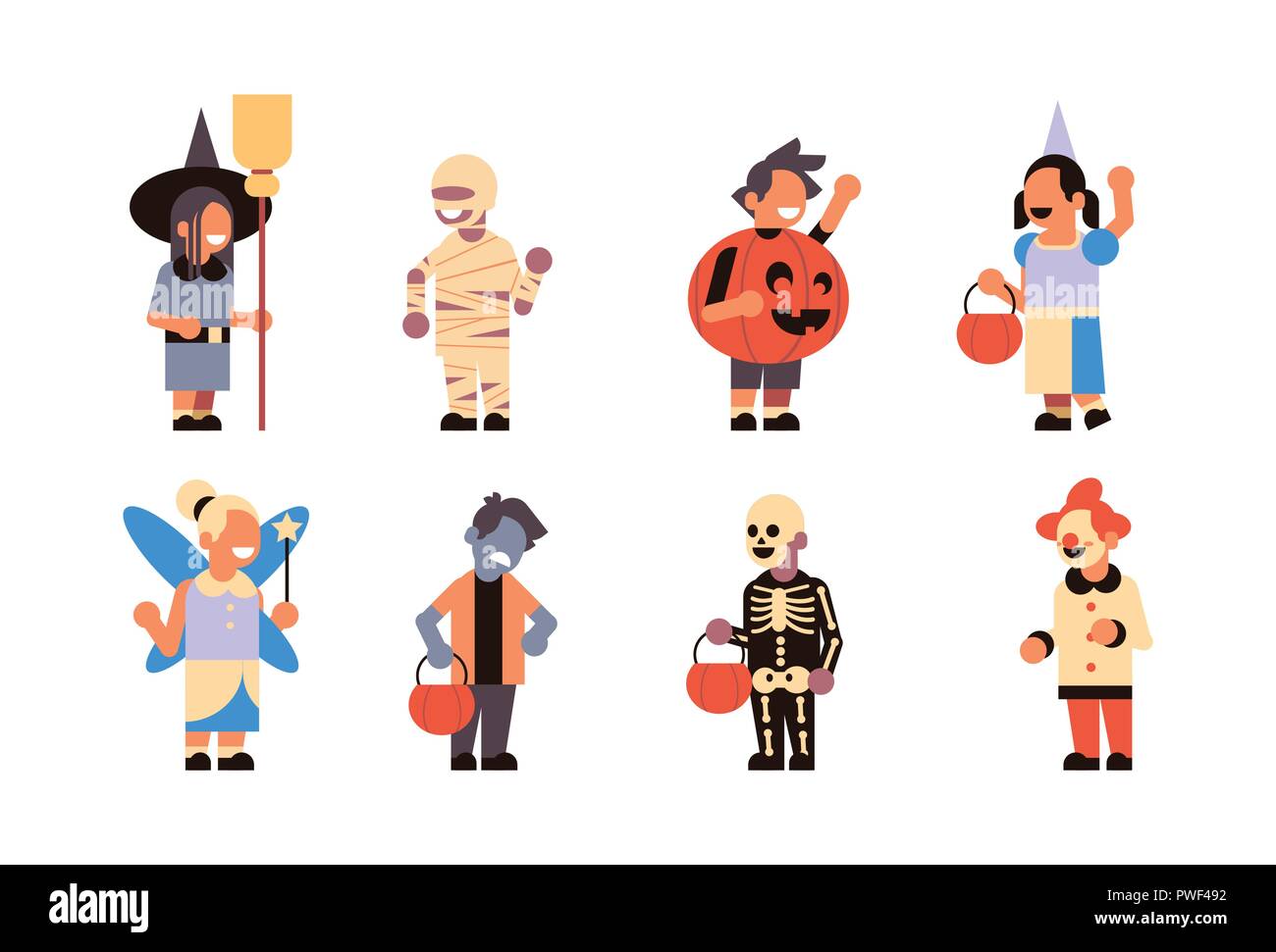 set different cute kids wear monsters costume happy halloween concept ...