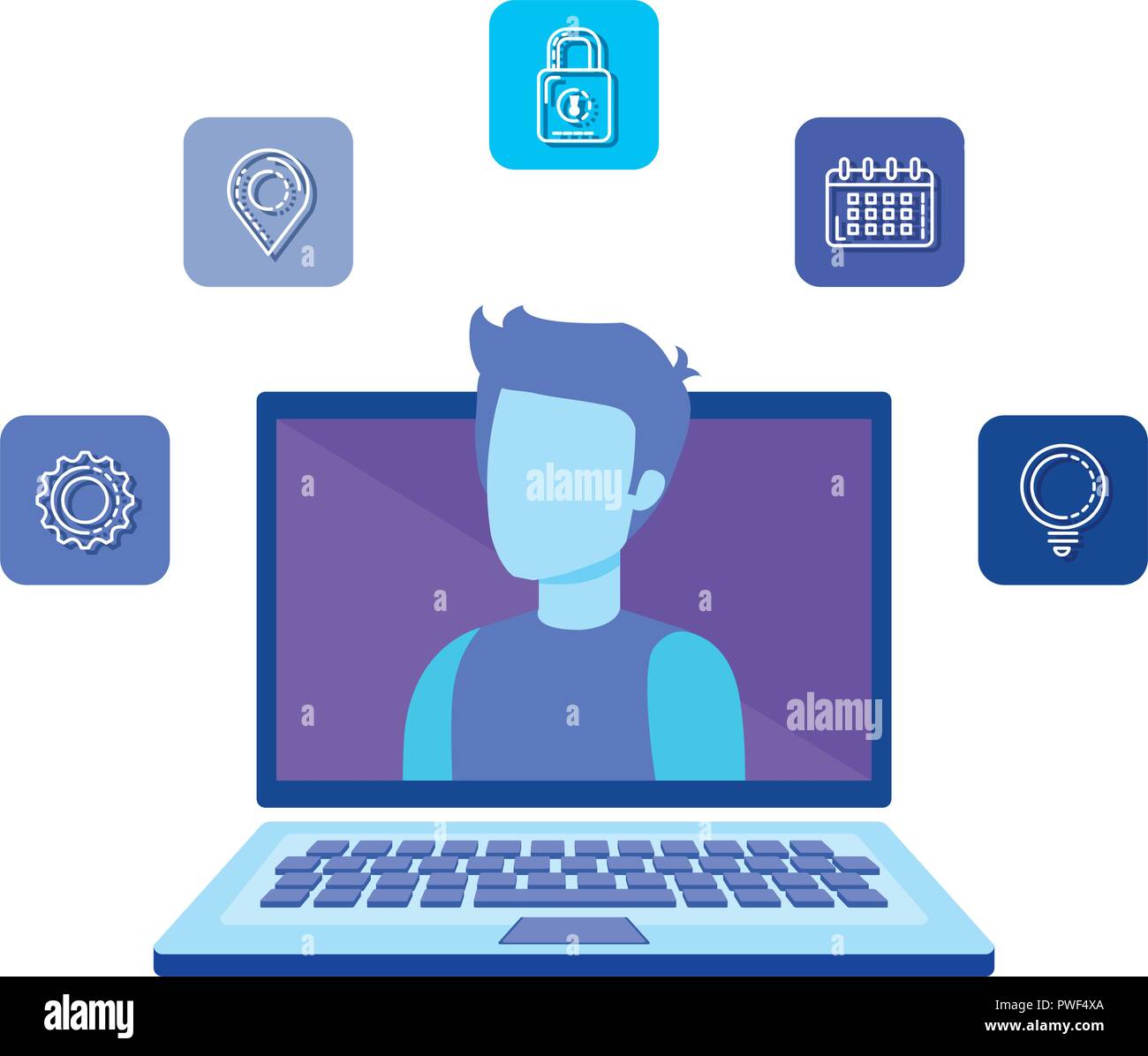 aptop computer with user and social media icons vector illustration ...