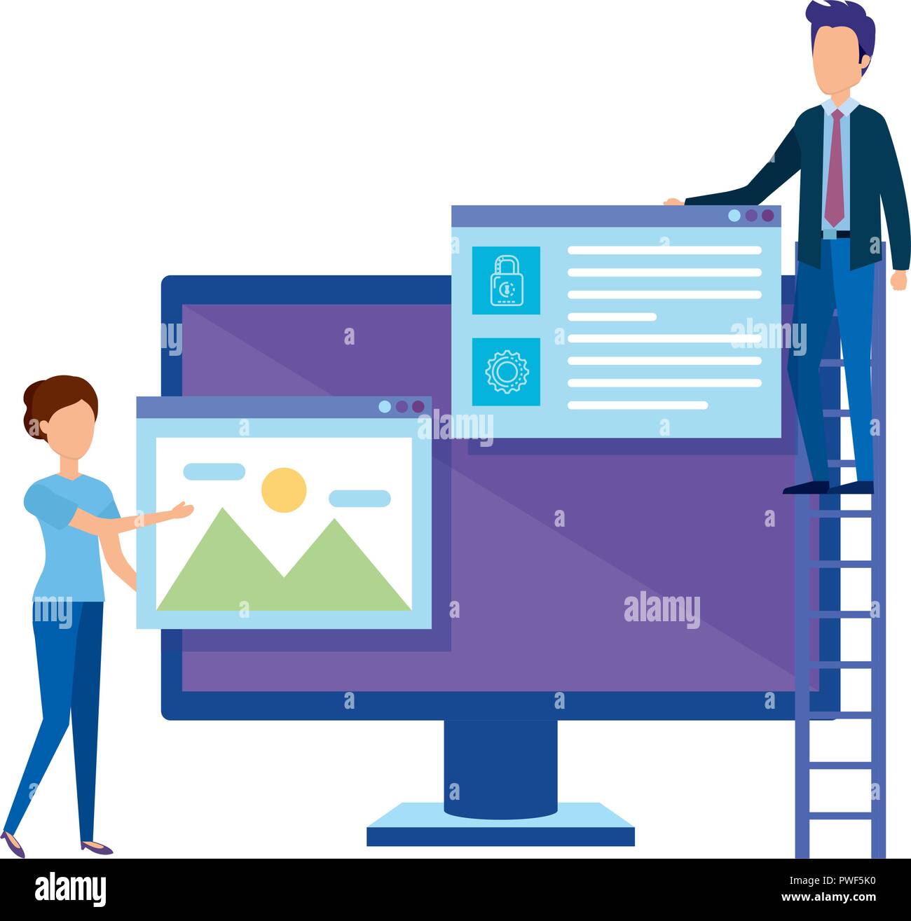 computer with mini people working vector illustration design Stock ...