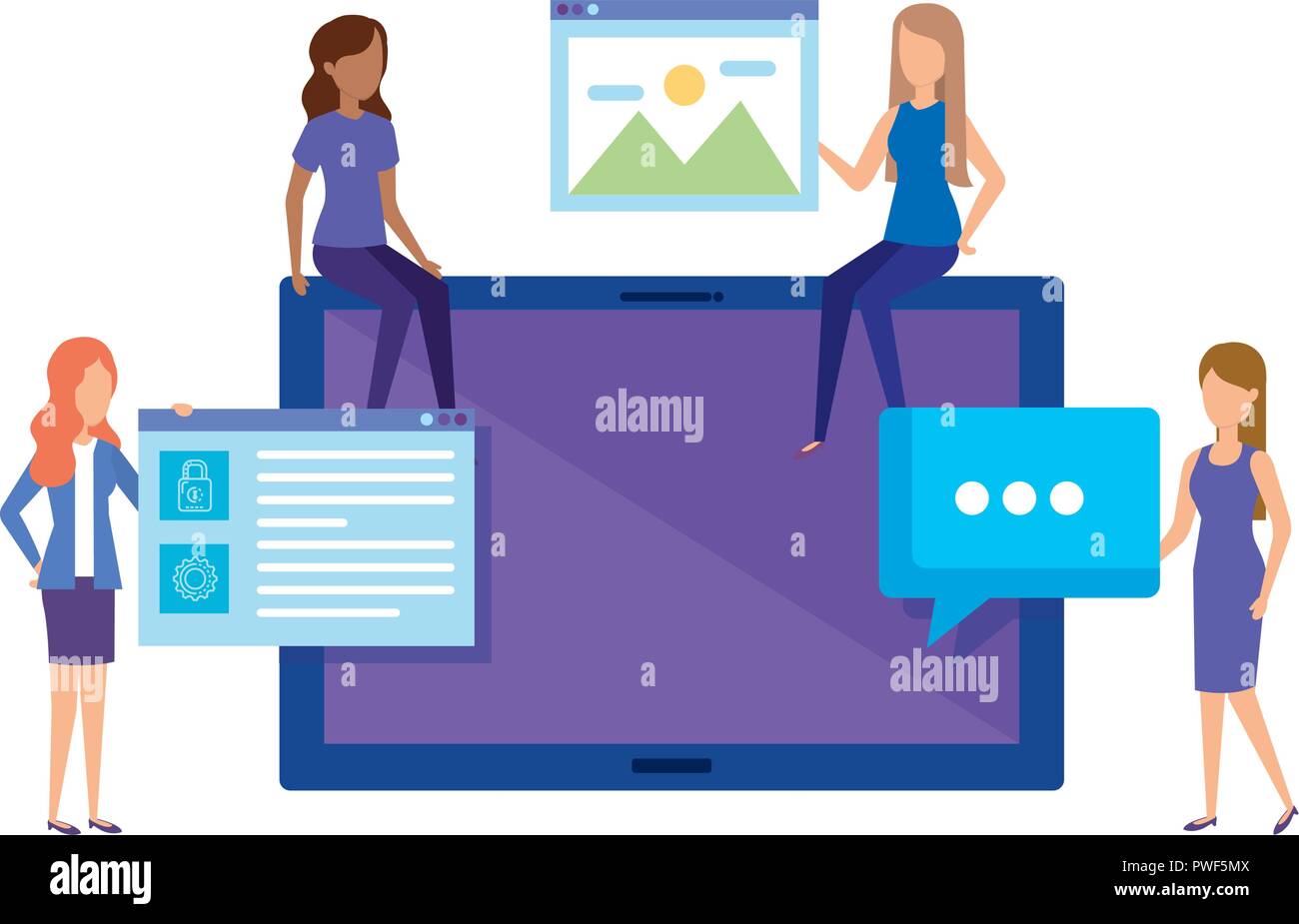 tablet screen with mini people working vector illustration desing Stock ...