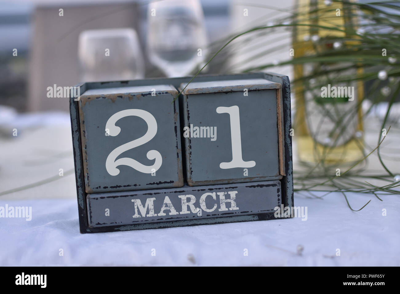 Wood blocks in box with date, day and month 21 March. Wooden blocks ...
