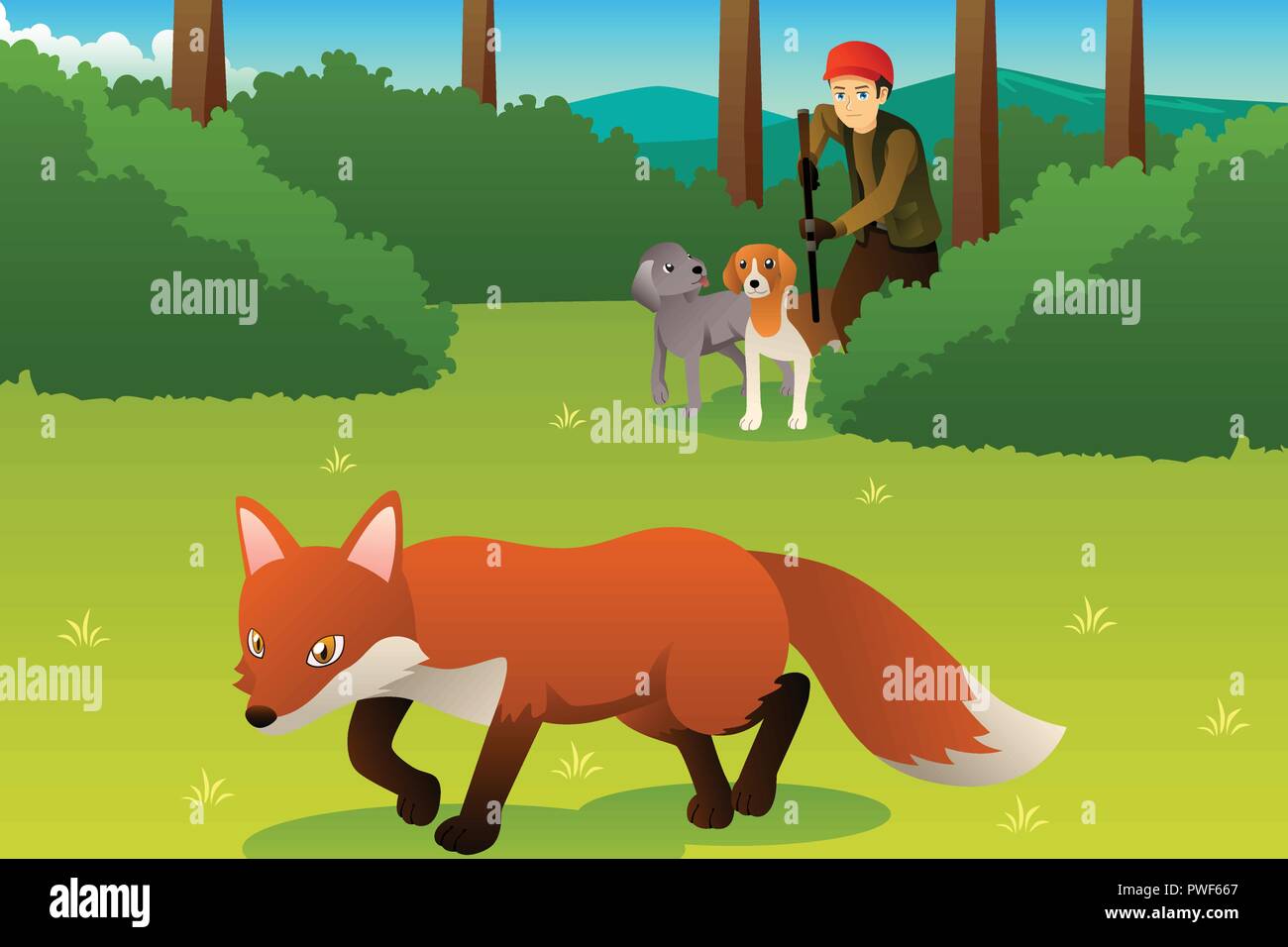 A vector illustration of Hunter With His Dogs Hunting a Fox Stock ...