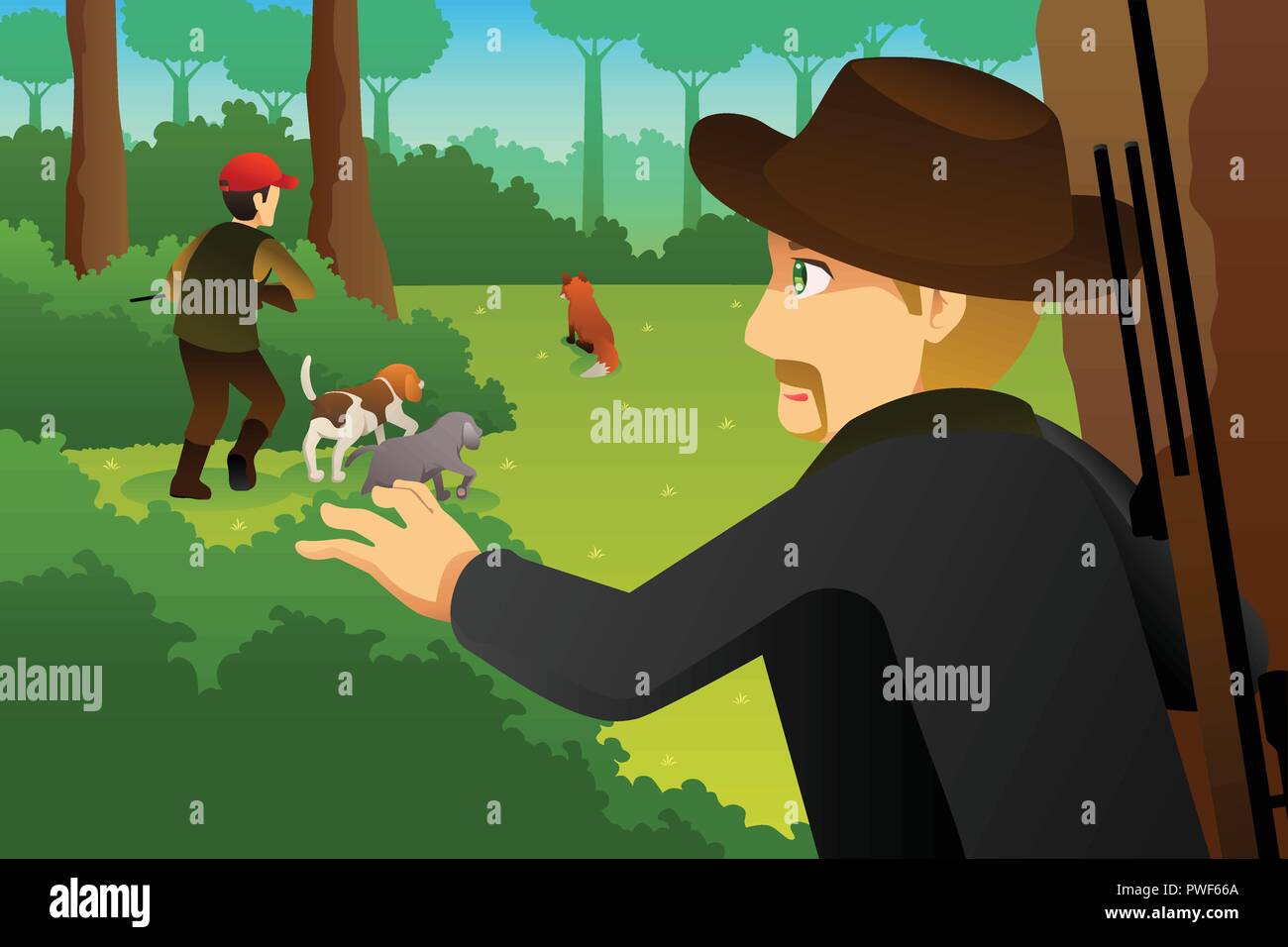 A vector illustration of Hunter With His Dogs Hunting a Fox Stock ...