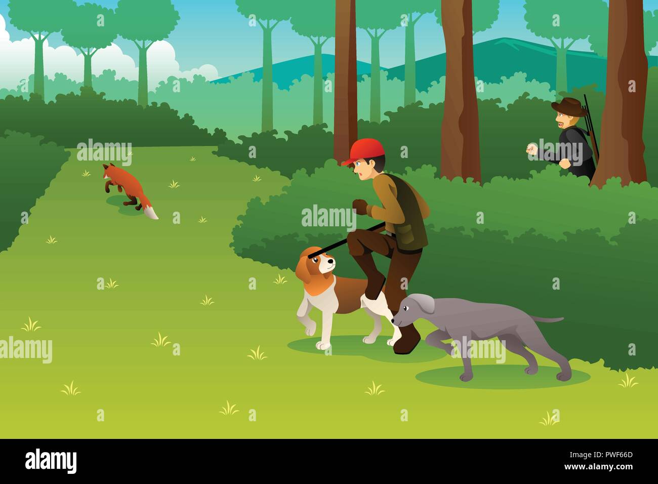 A vector illustration of Hunters With His Dogs Hunting a Fox Stock ...