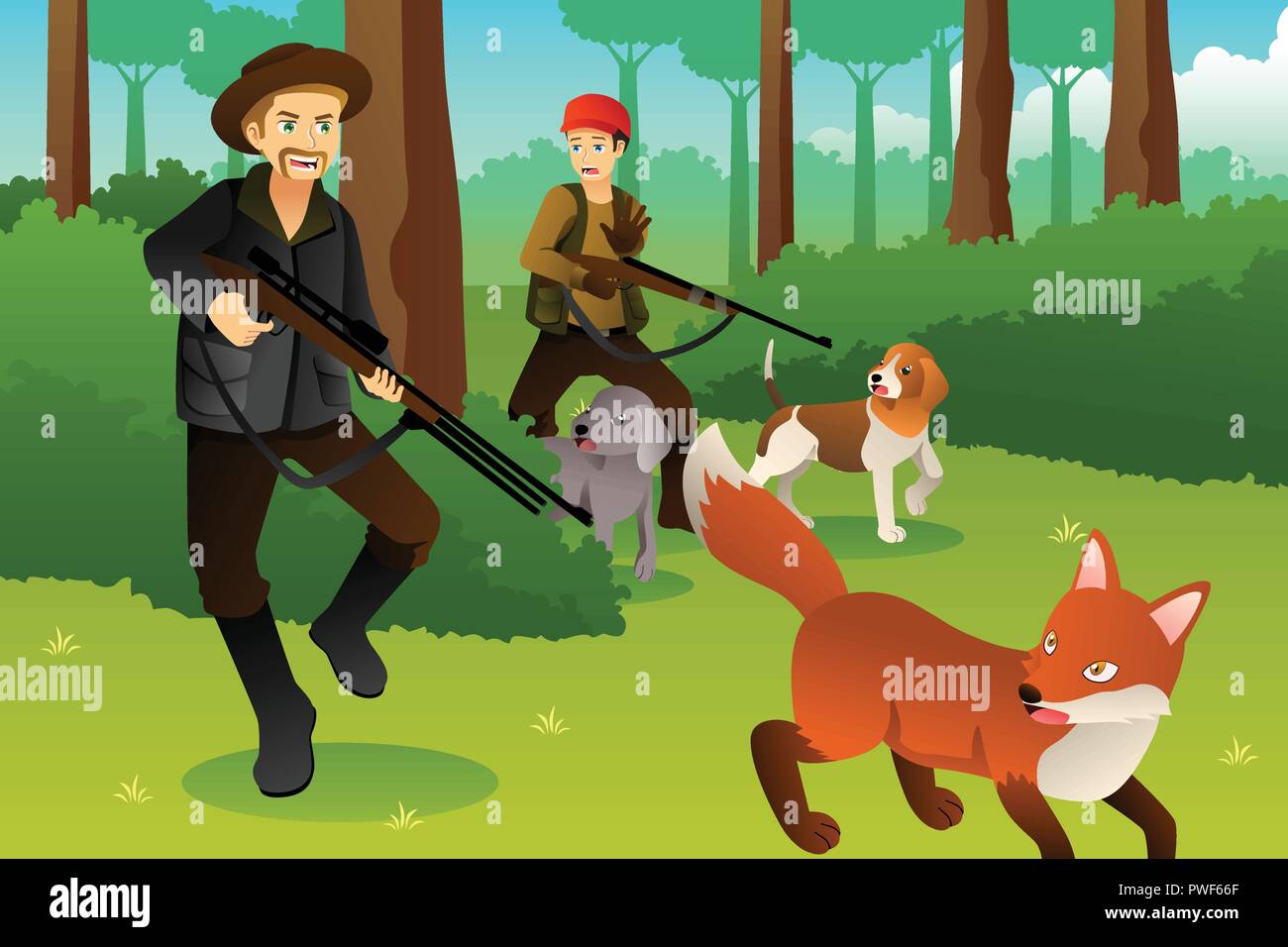 A vector illustration of Hunters With His Dogs Hunting a Fox Stock ...