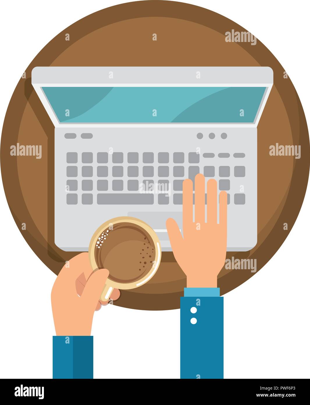 worker with coffee cup and laptop vector illustration design Stock ...