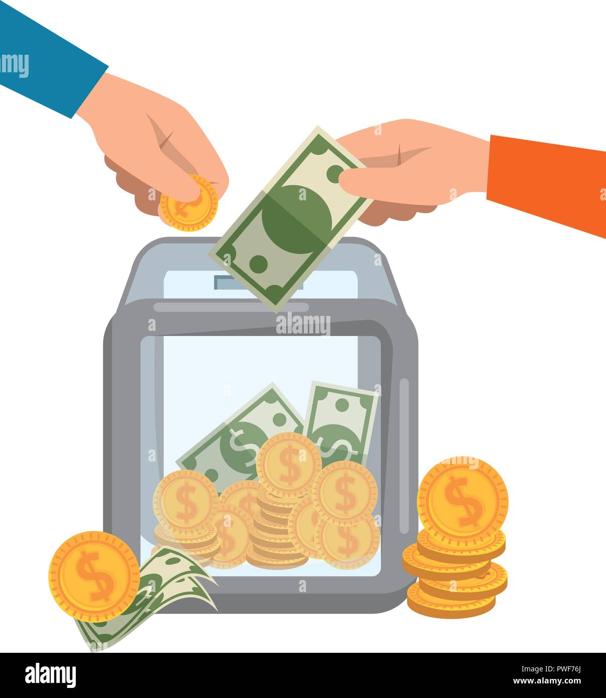 hand donating in box bills and coins vector illustration design Stock ...