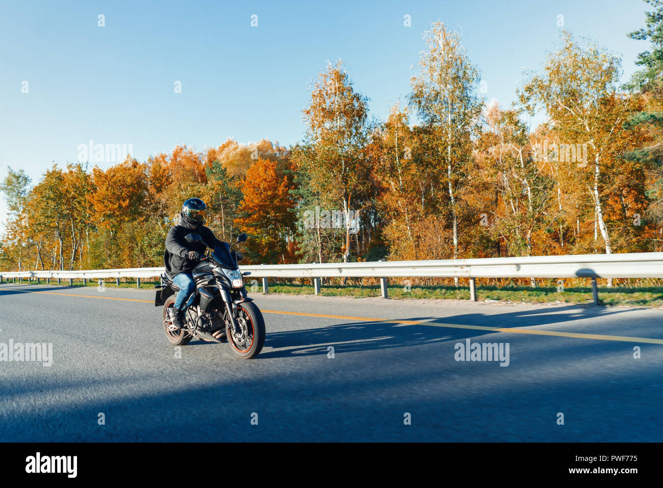 Driver riding motorcycle on empty road in beautiful autumn forest Stock ...
