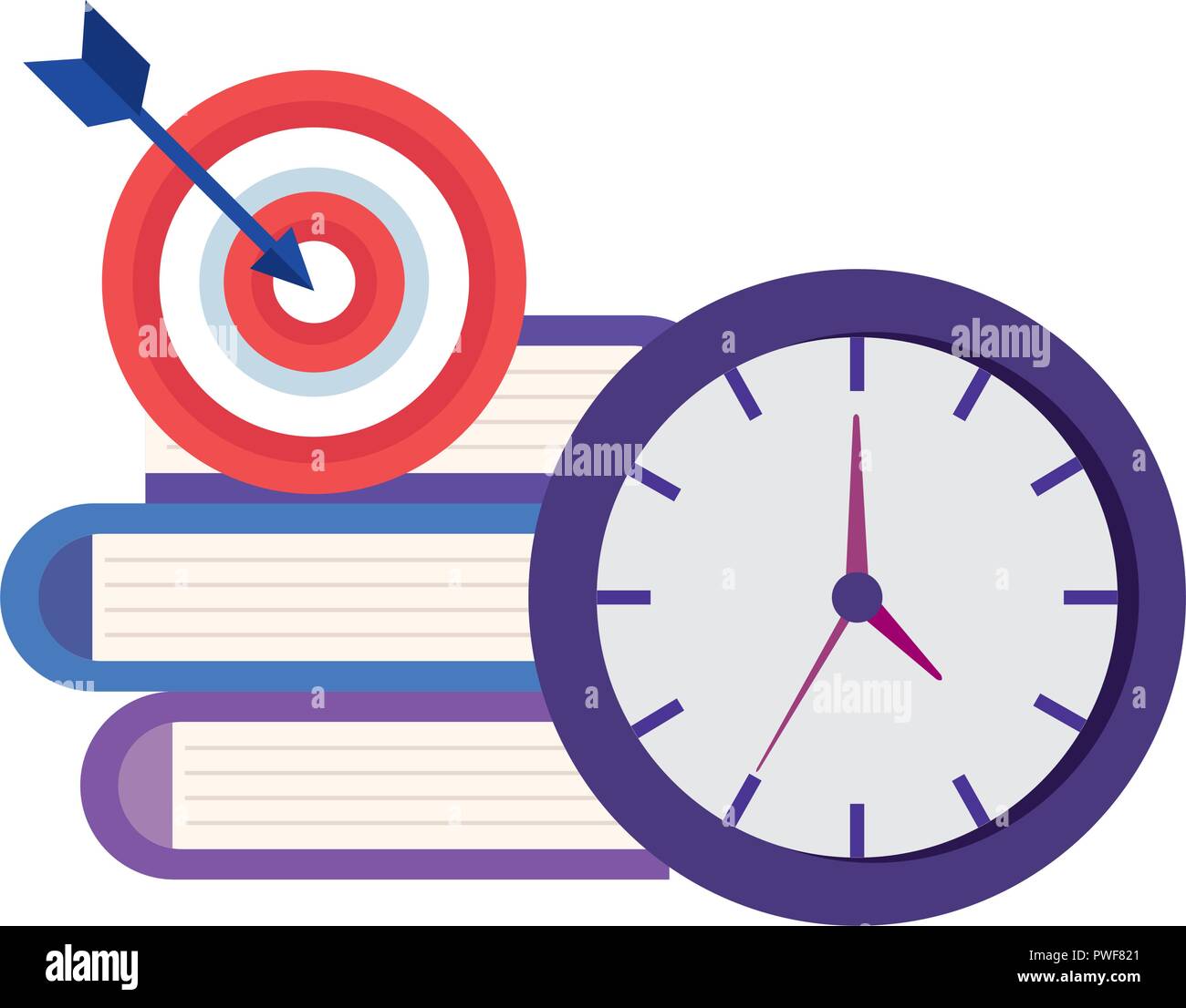 time clock with books and target vector illustration design Stock ...