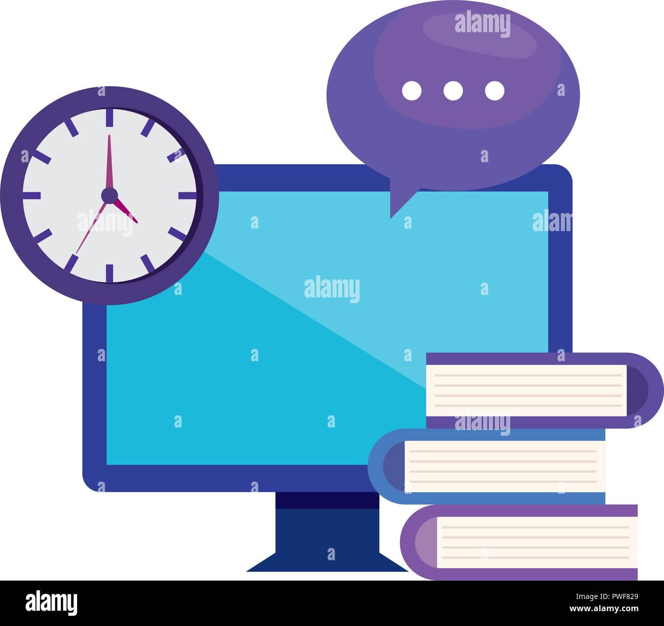 computer with books and time clock vector illustration design Stock ...