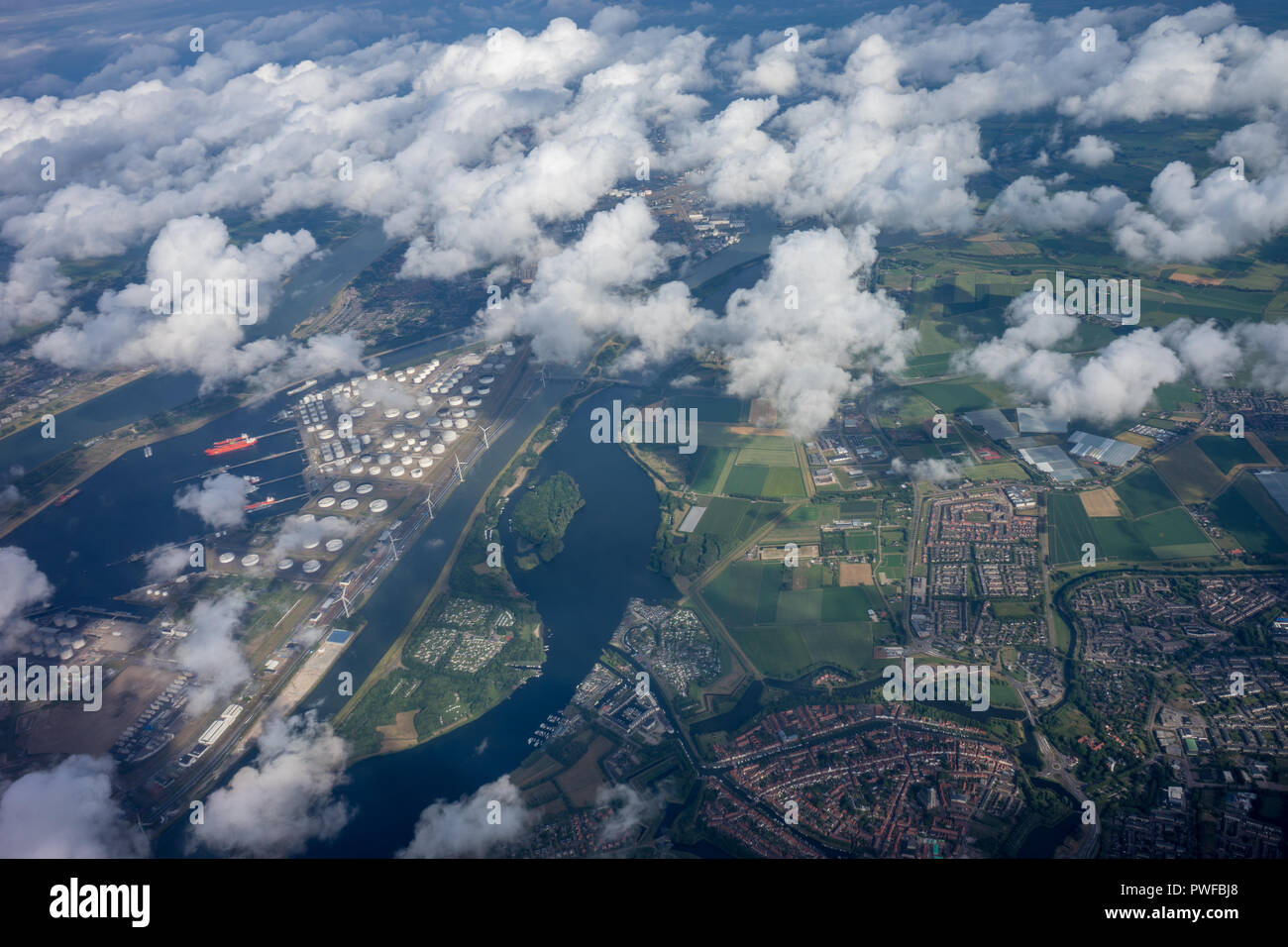 Windmill Farms in Holland, Netherlands with canal viewed from plane in ...