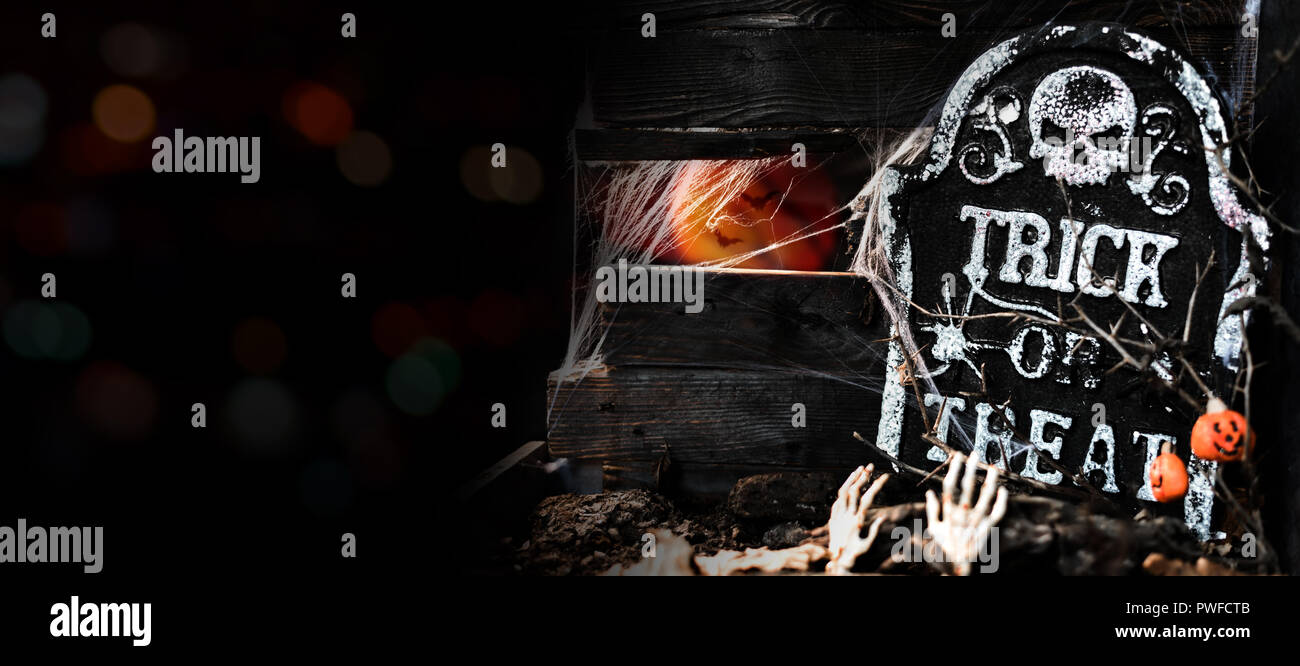 Happy Halloween concept. Trick or treat in autumn season. Scary and boo ...