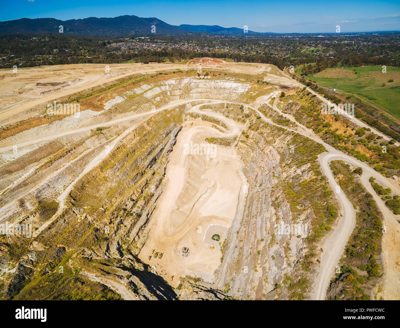 Aerial view of decommisioned limestone mine in Melbourne, Australia ...