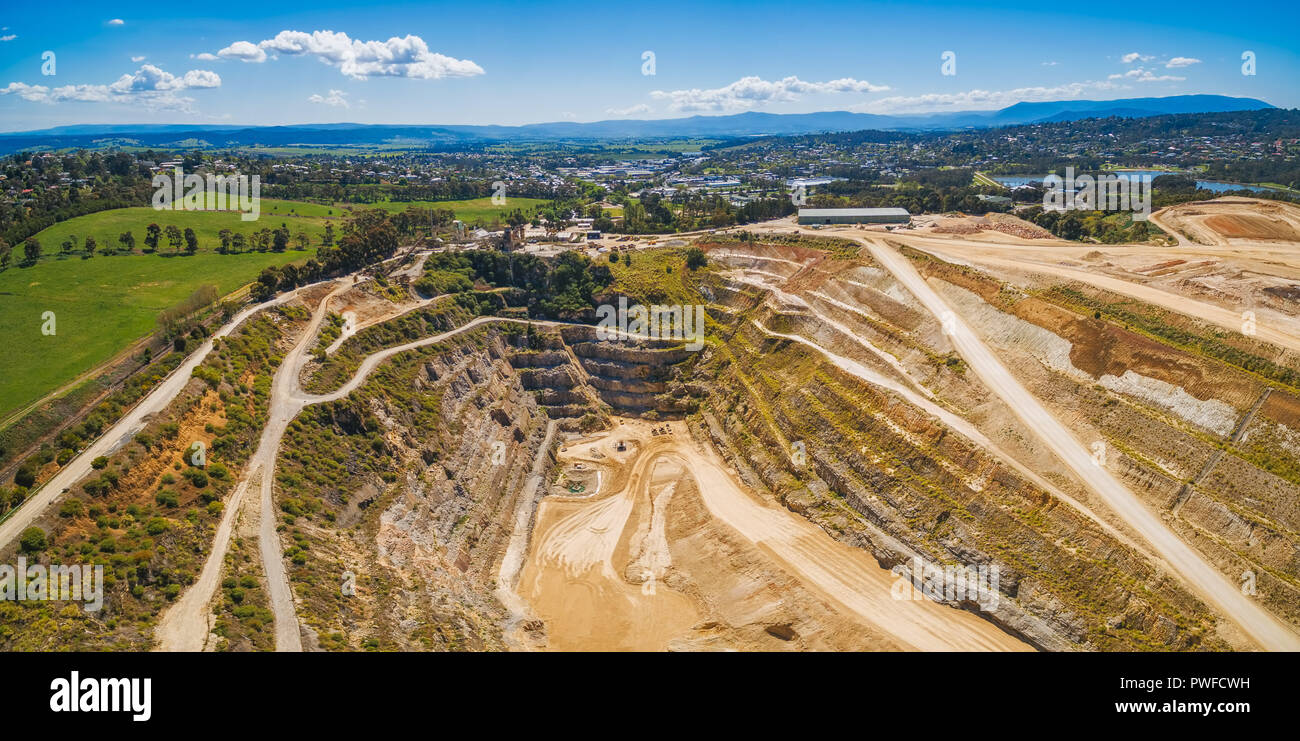 Aerial panorama of decommisioned limestone mine in Melbourne, Australia ...