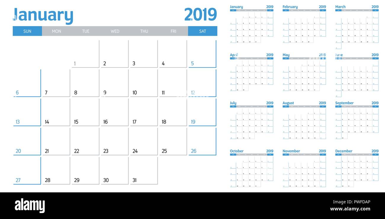 Calendar planner 2019 template vector illustration all 12 months week ...