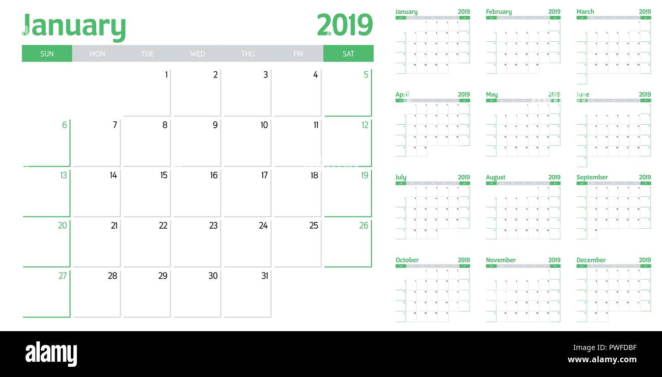 Calendar planner 2019 template vector illustration all 12 months week ...