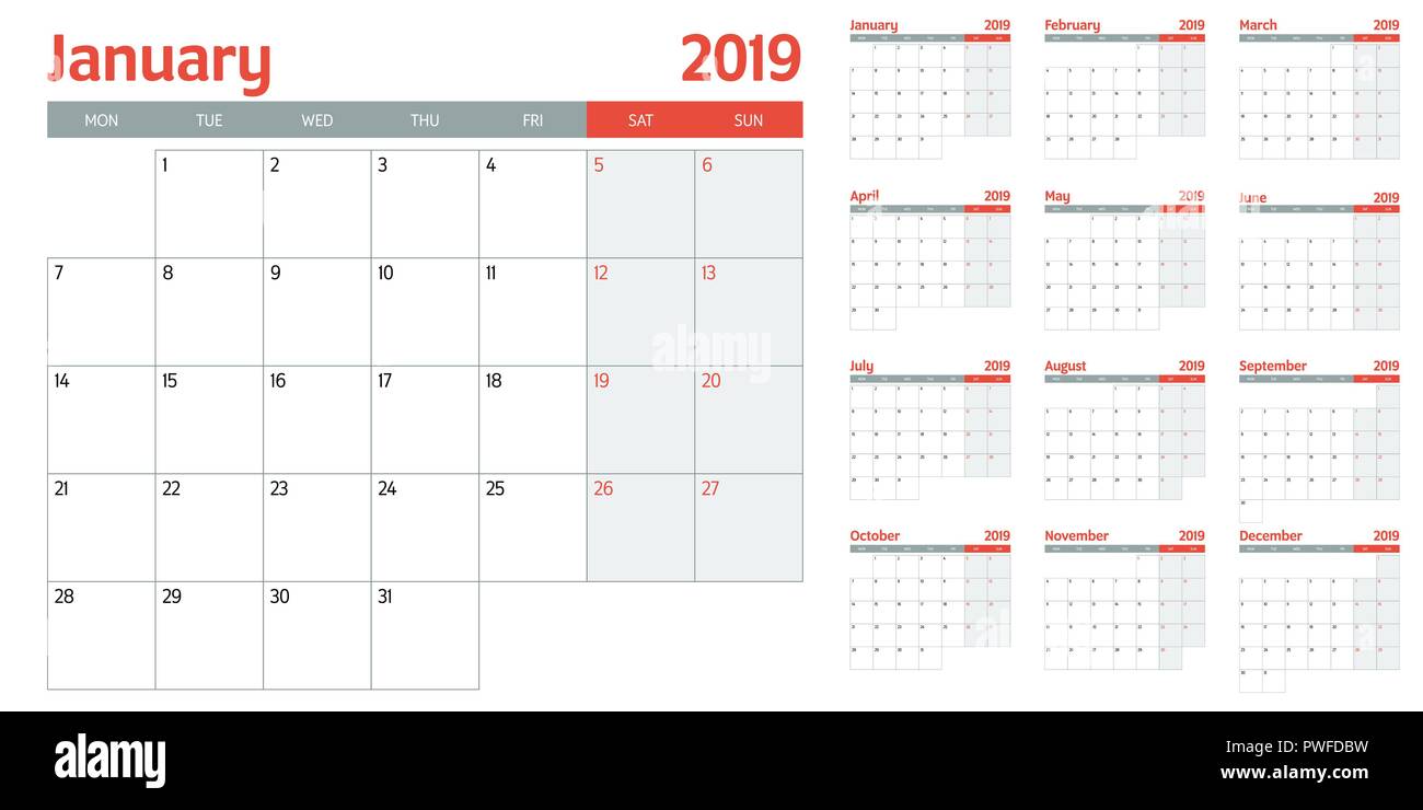 Calendar planner 2019 template vector illustration all 12 months week ...
