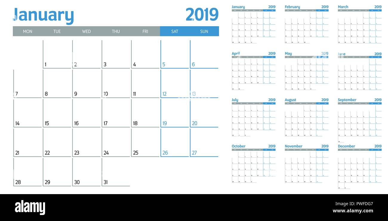 Calendar planner 2019 template vector illustration all 12 months week ...