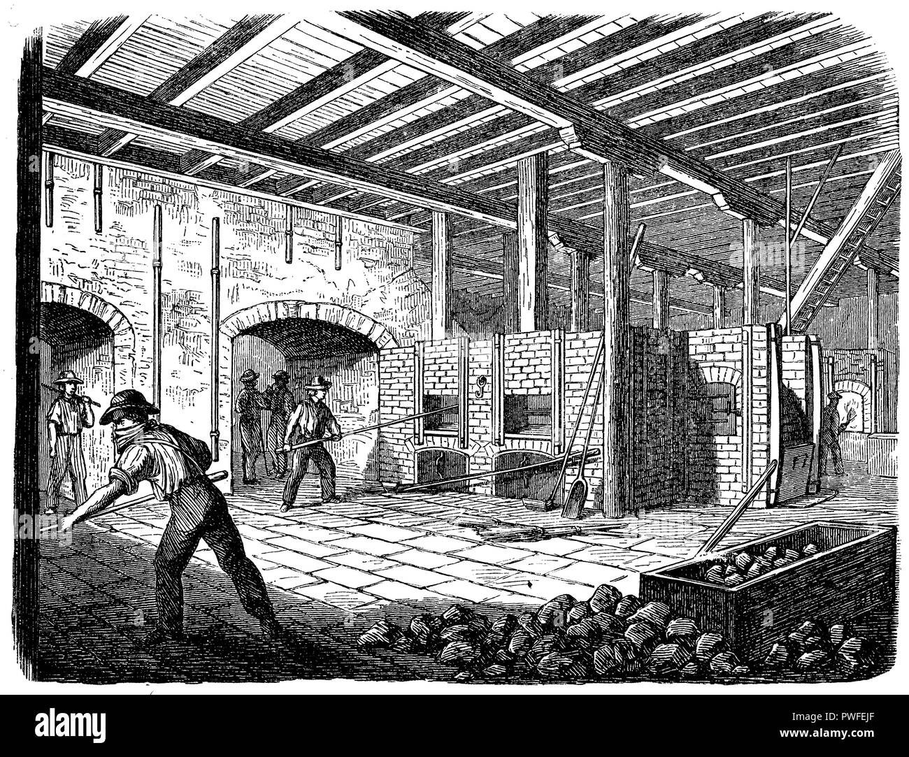 Burning the zinc ore in a flame oven, 1872 Stock Photo - Alamy