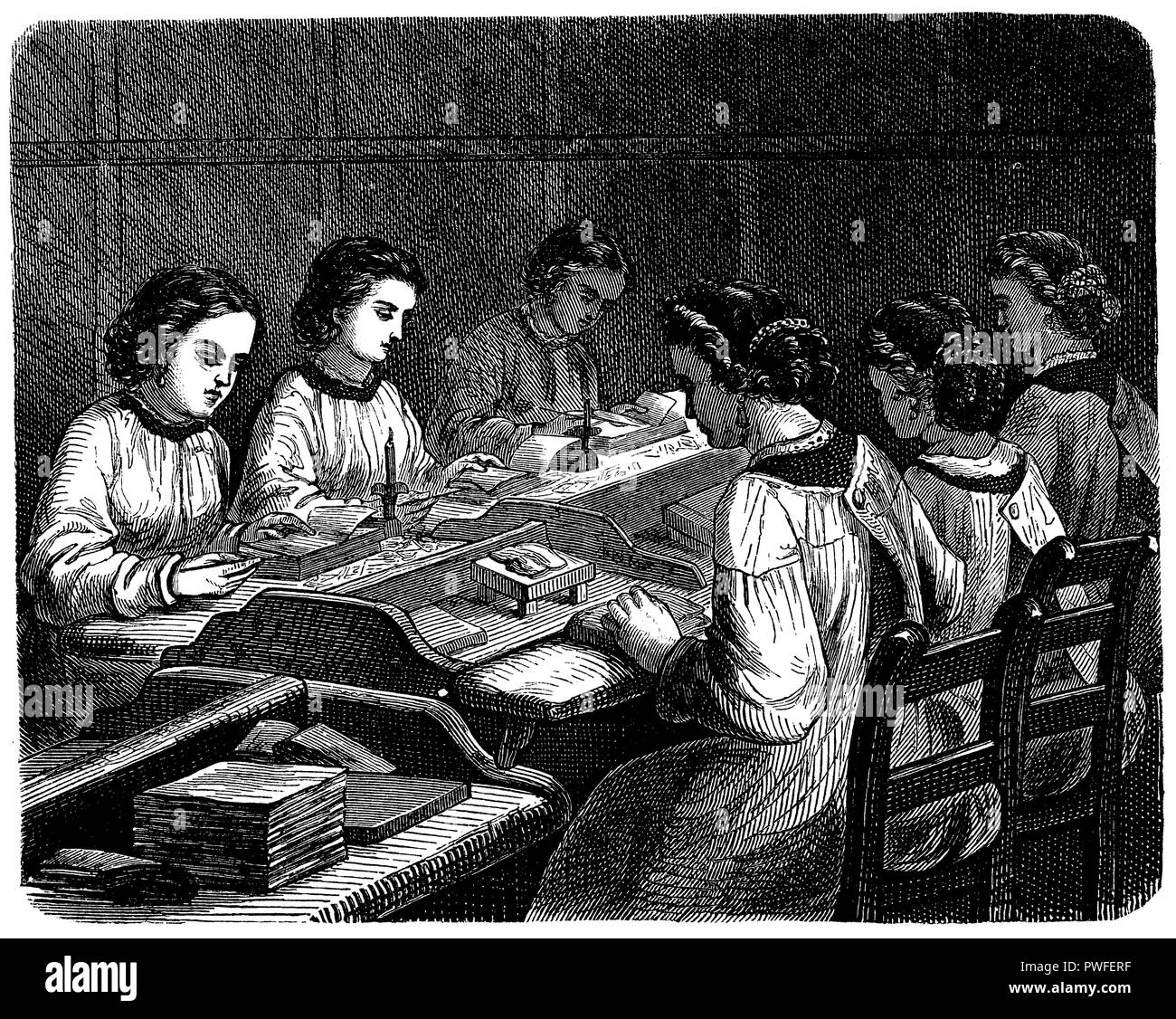 Sorting and filling of squeeze molds, 1872 Stock Photo - Alamy
