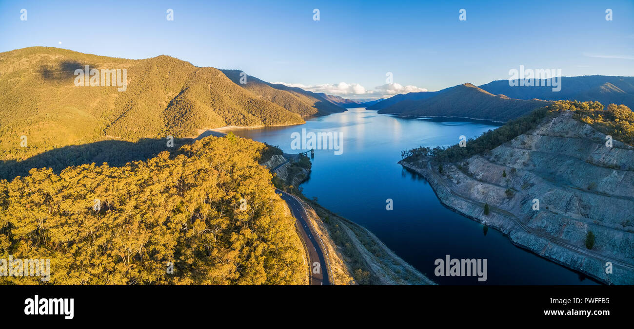 Aerial view of Talbingo reservoir and beautiful hills at sunset. NSW ...