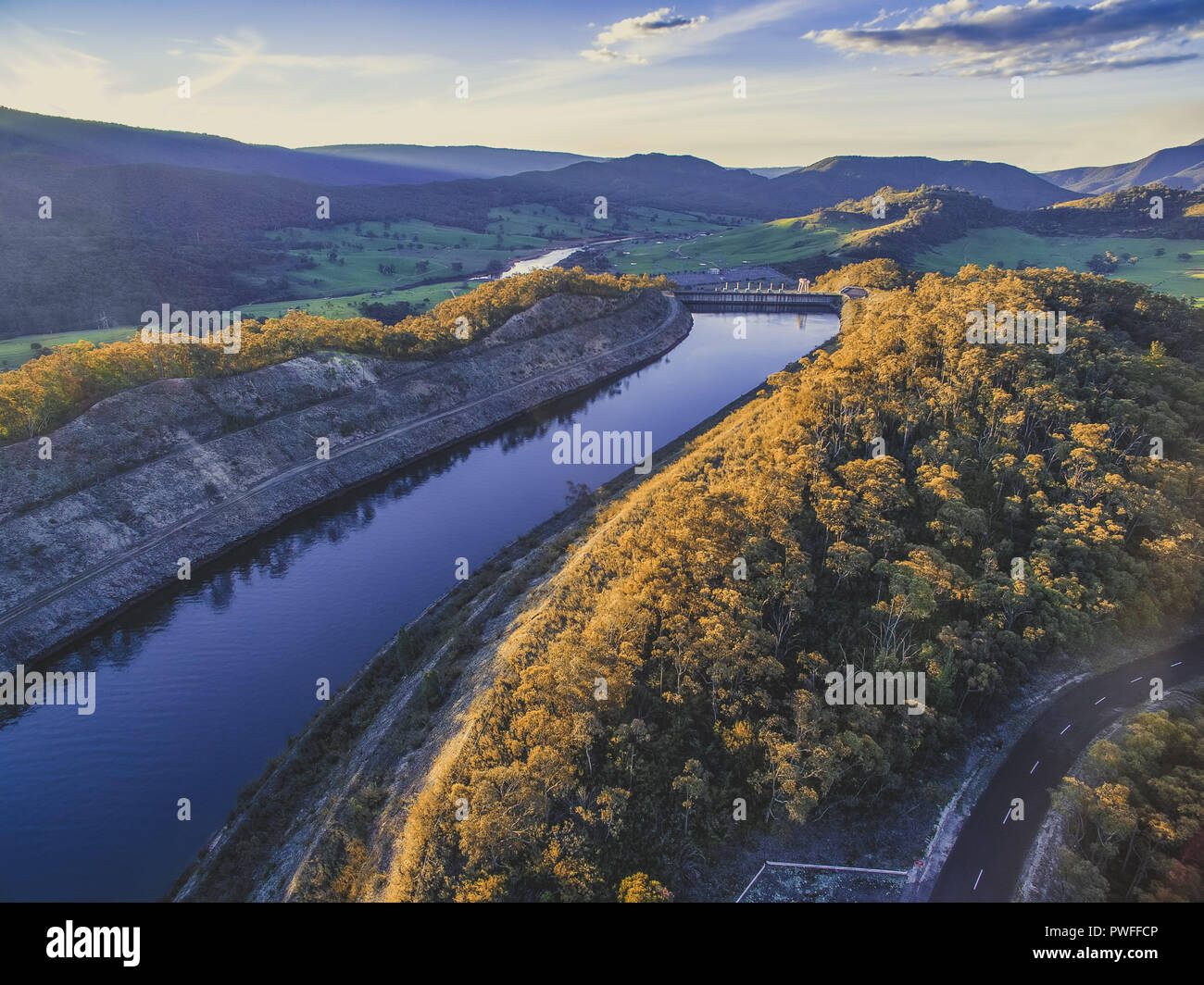 River and mountains at sunset - aerial view Stock Photo - Alamy