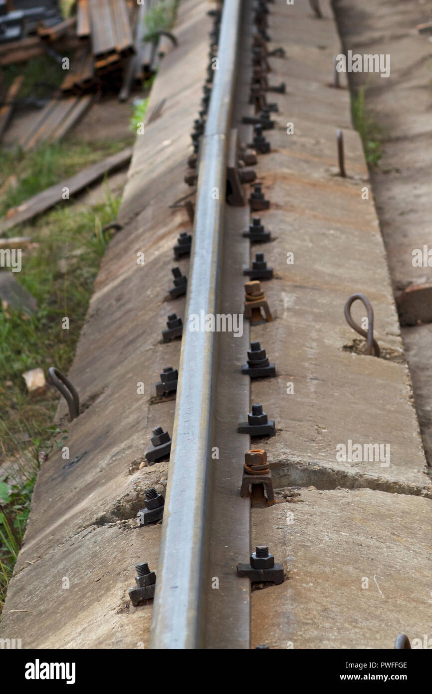 Elements of railway track construction, warehouse Stock Photo - Alamy