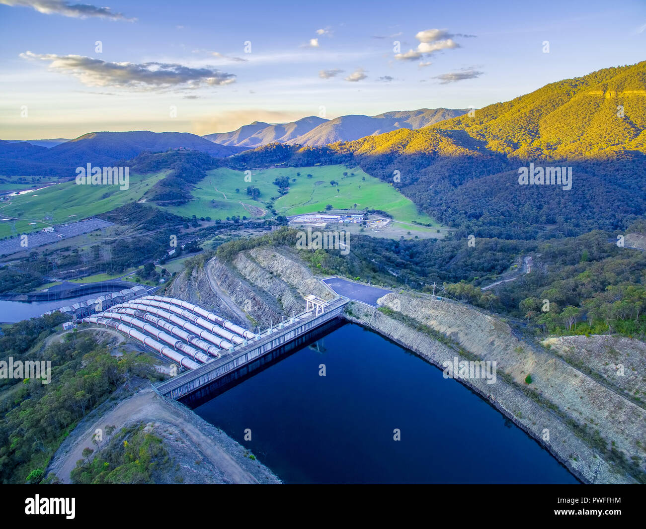 Aerial view of Tumut Power Station 3 at sunset Stock Photo - Alamy
