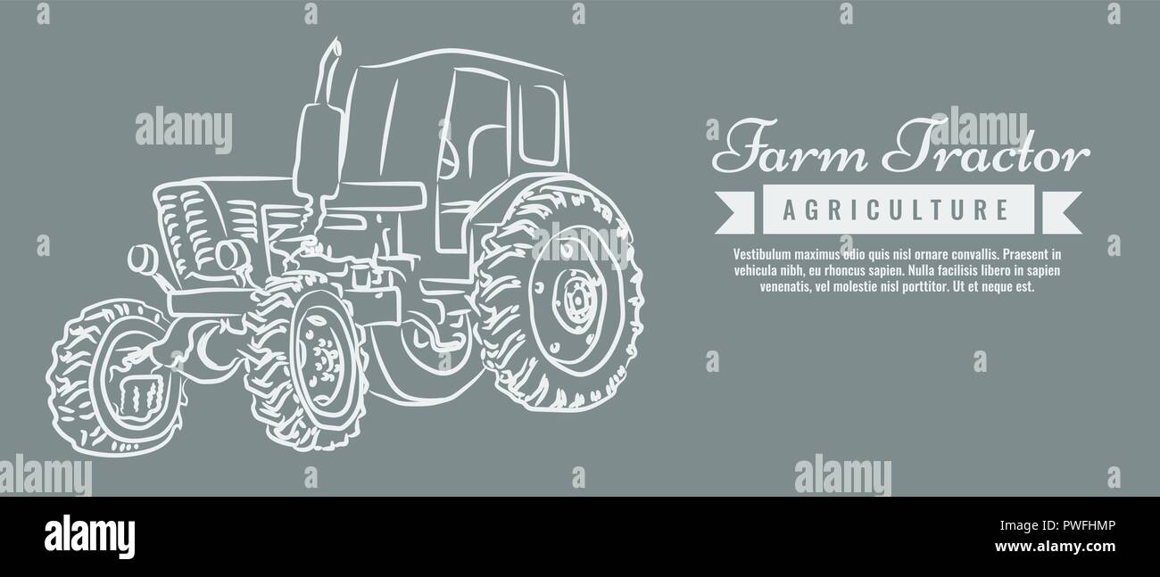Farm tractor with sketch style line art design. Hand drawn vector ...