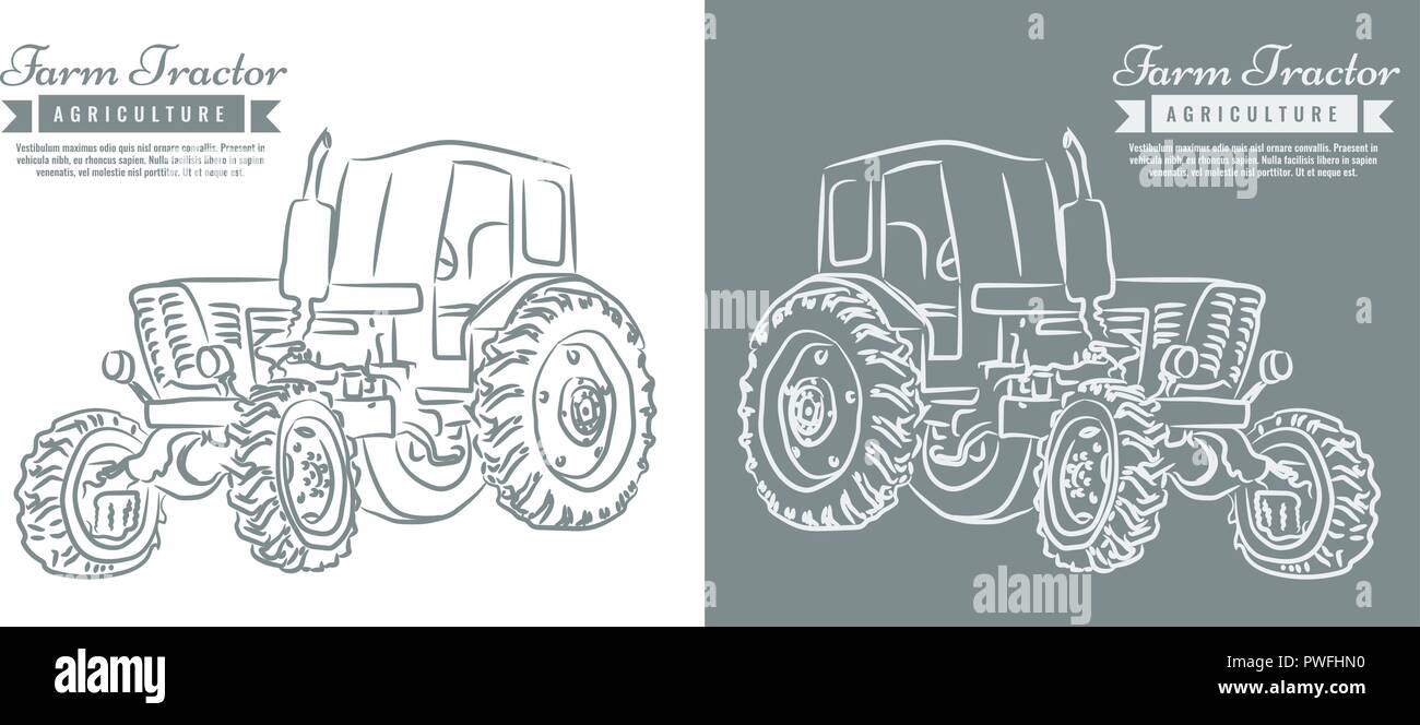 Farm tractor with sketch style line art design. Hand drawn vector ...