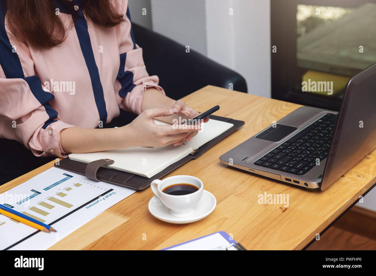Business and finance concept, Businesswoman holding coffee cup and ...