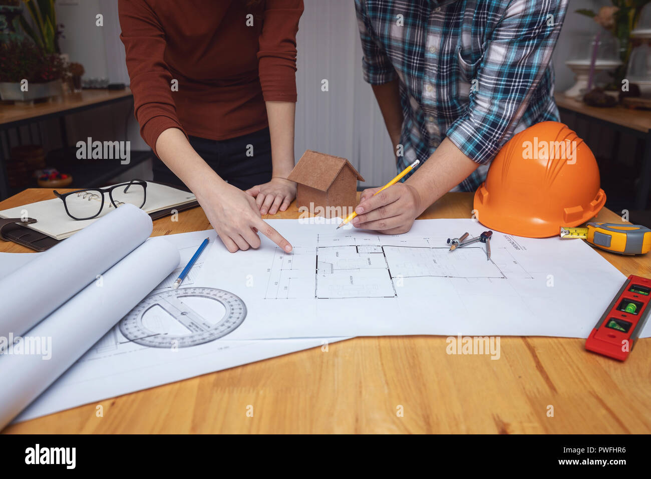 Engineer and Architect concept, Engineer Architects office team working ...