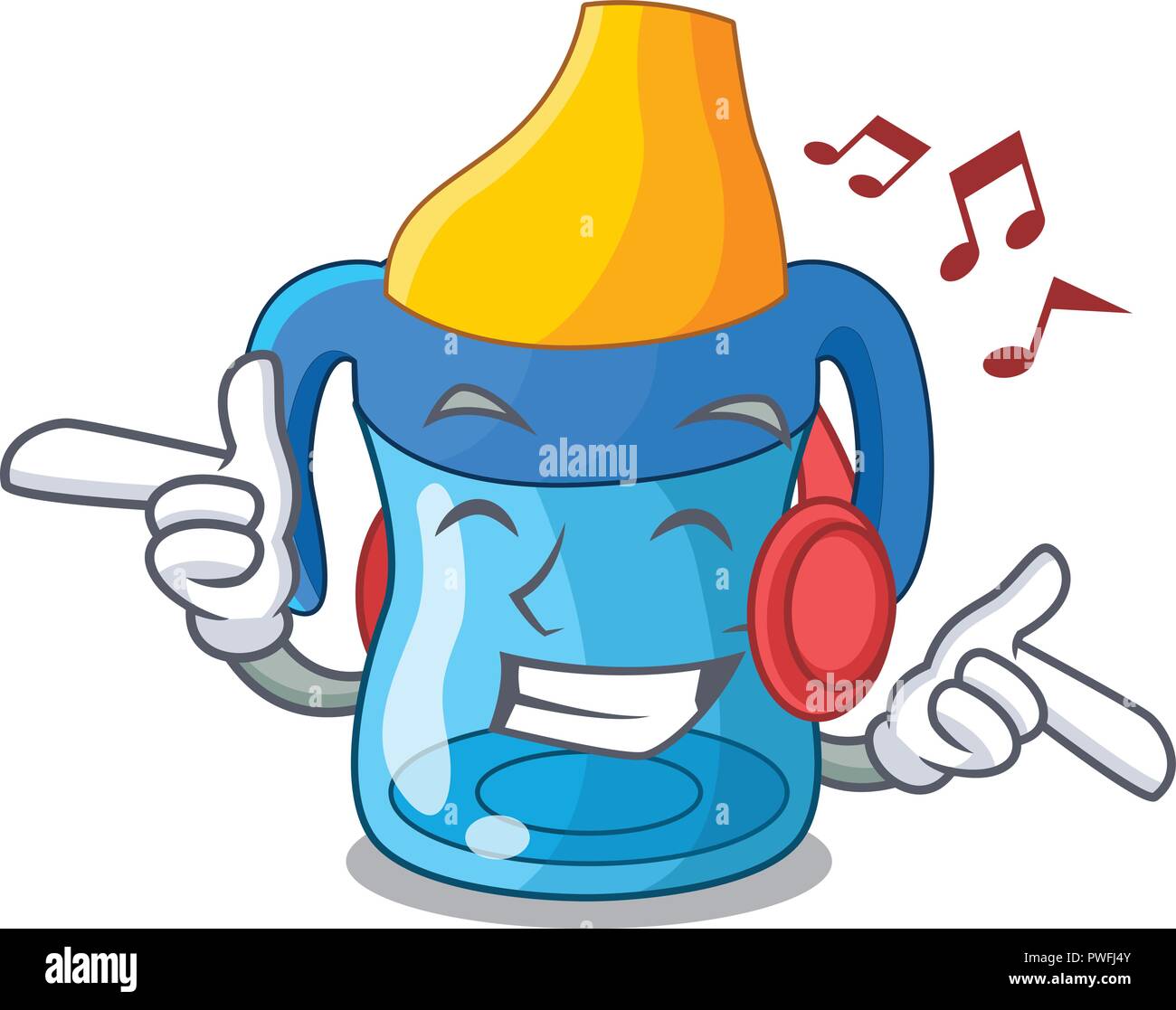 Listening music cartoon baby drinking from training cup Stock Vector ...