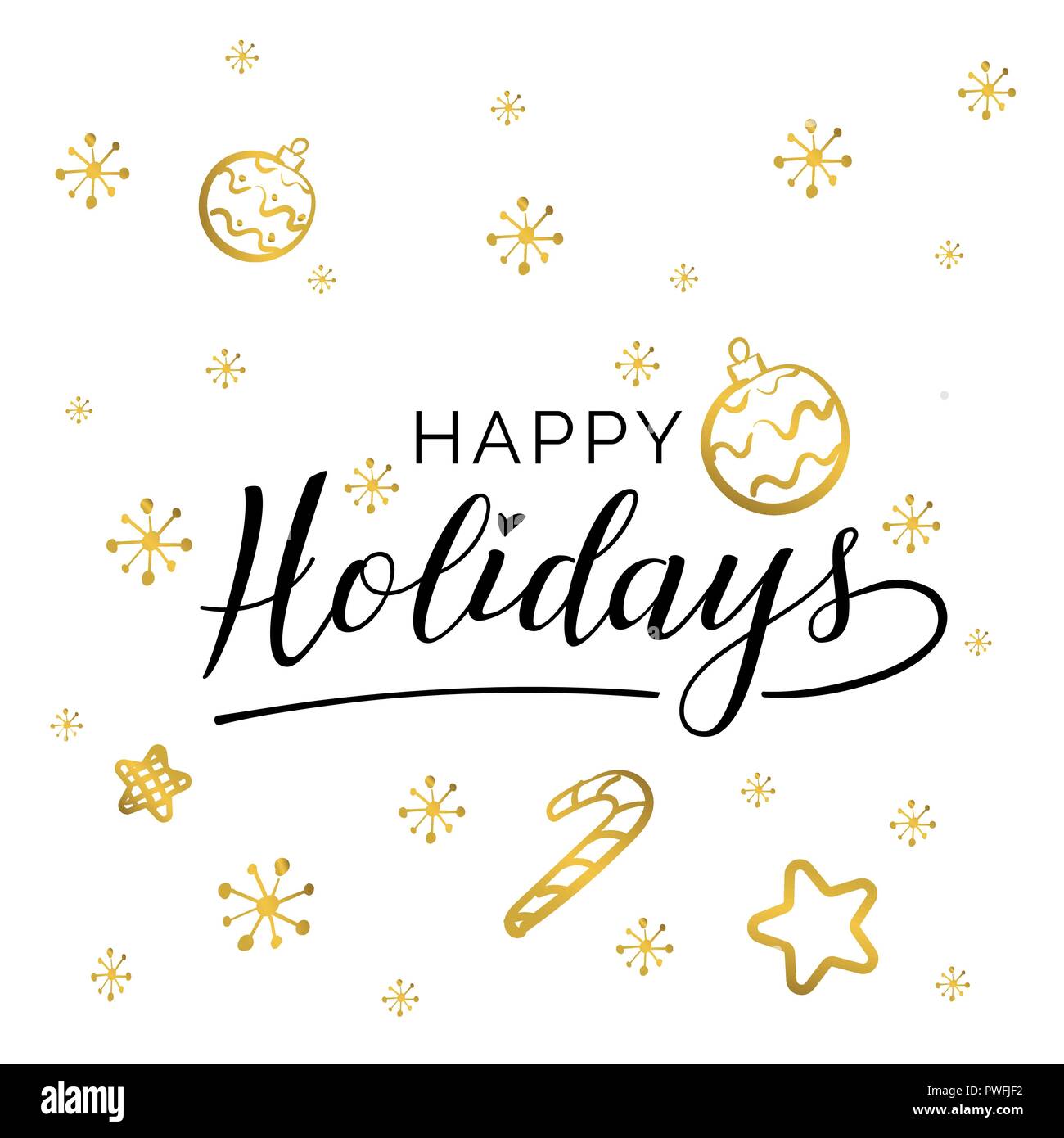 Happy holidays. Beautiful greeting card calligraphy black text word gold stars. Hand drawn ...