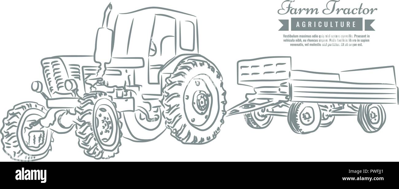 Farm tractor with sketch style line art design. Hand drawn vector ...