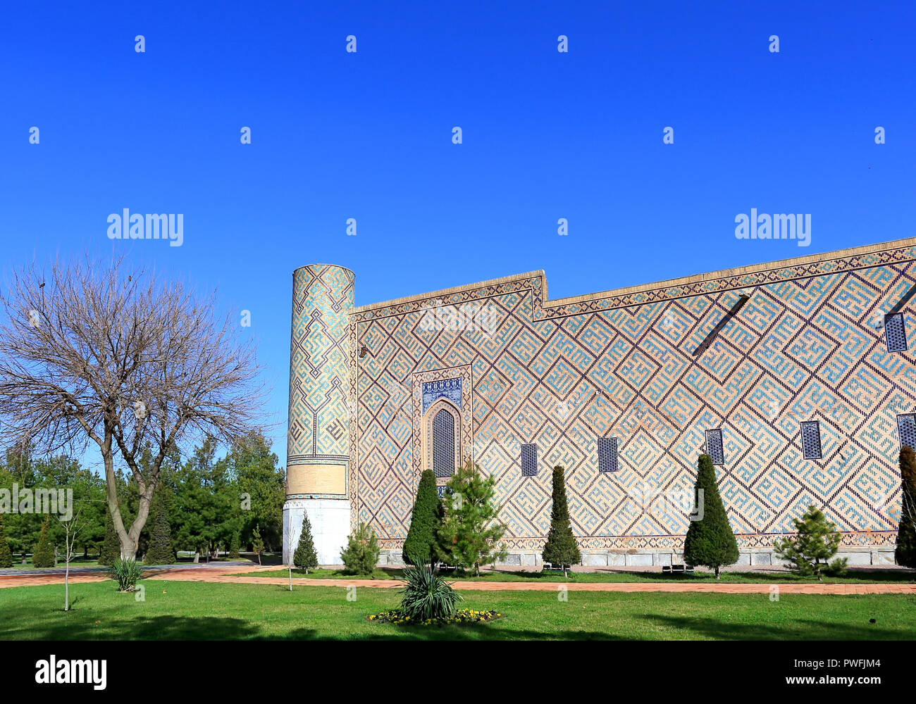 Morning landscape with old-time central asian styled wall with persian ...