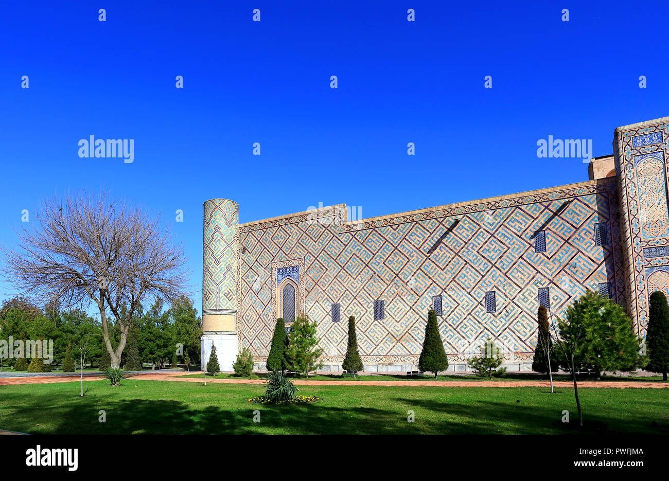 Morning landscape with old-time central asian styled wall with persian ...