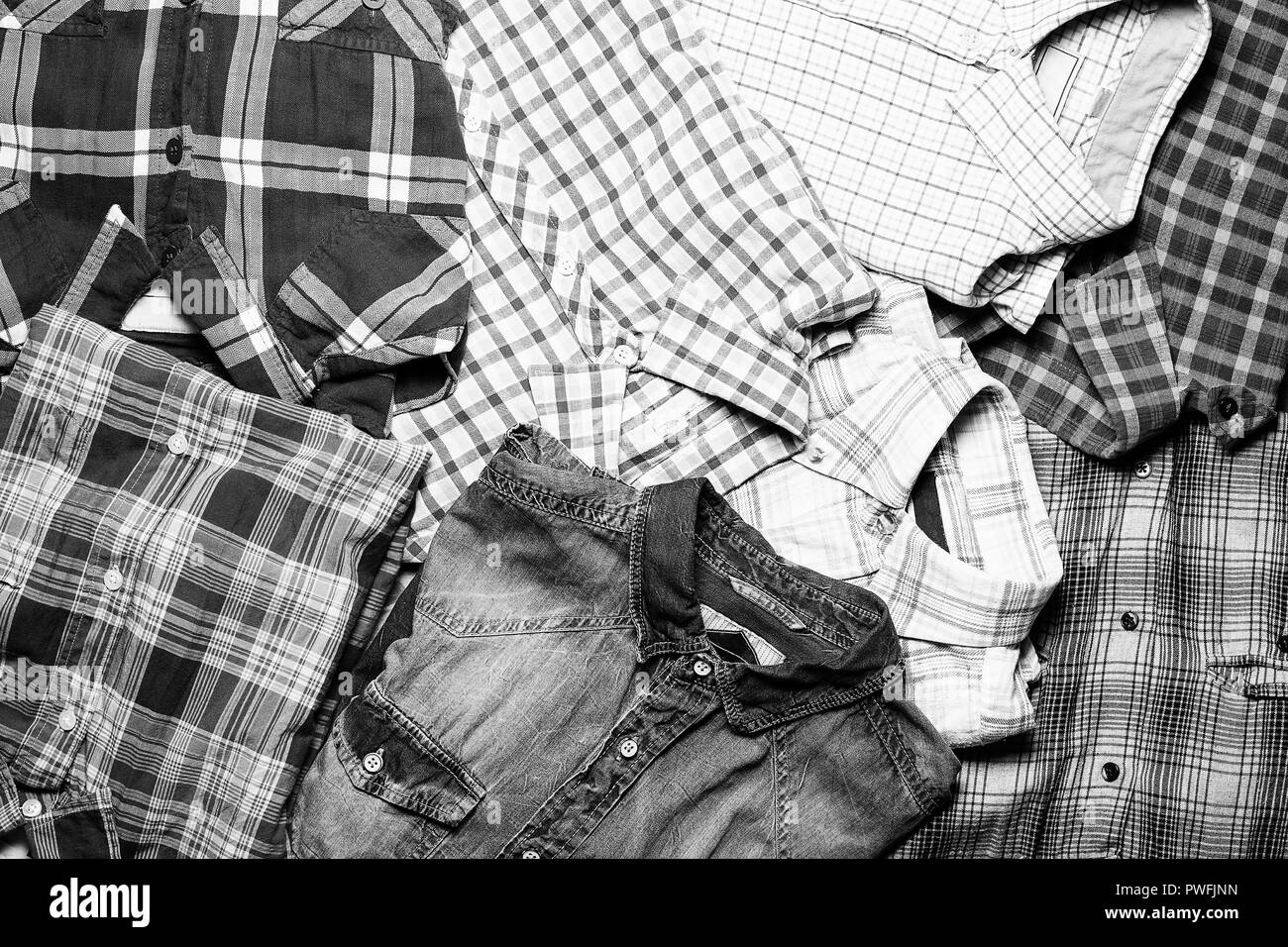Six different checkered shirts. Denim Fashion background Stock Photo ...