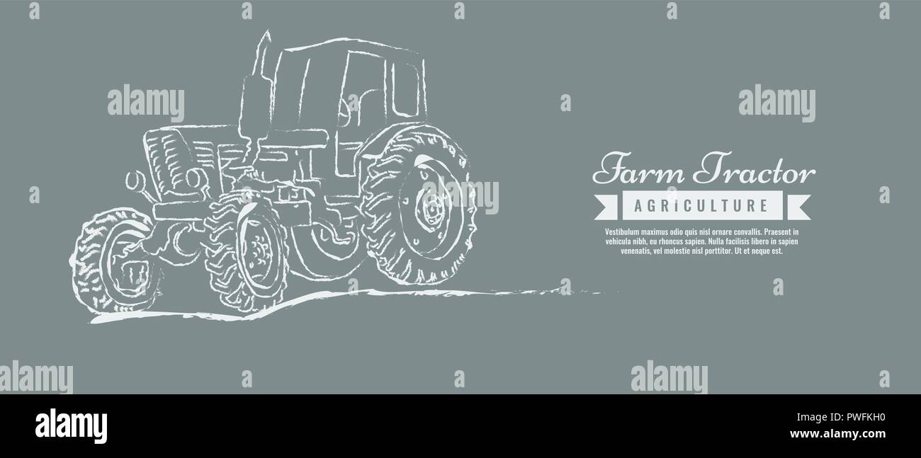 Farm tractor with sketch style line art design. Hand drawn vector ...