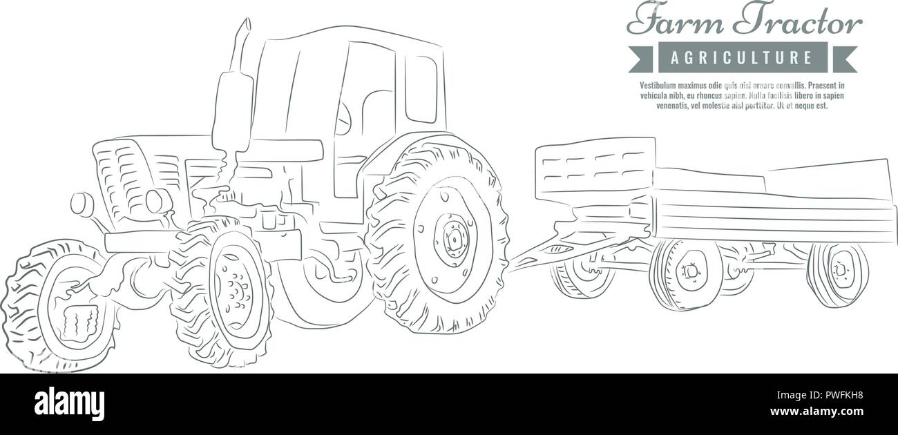 Farm tractor with sketch style line art design. Hand drawn vector ...