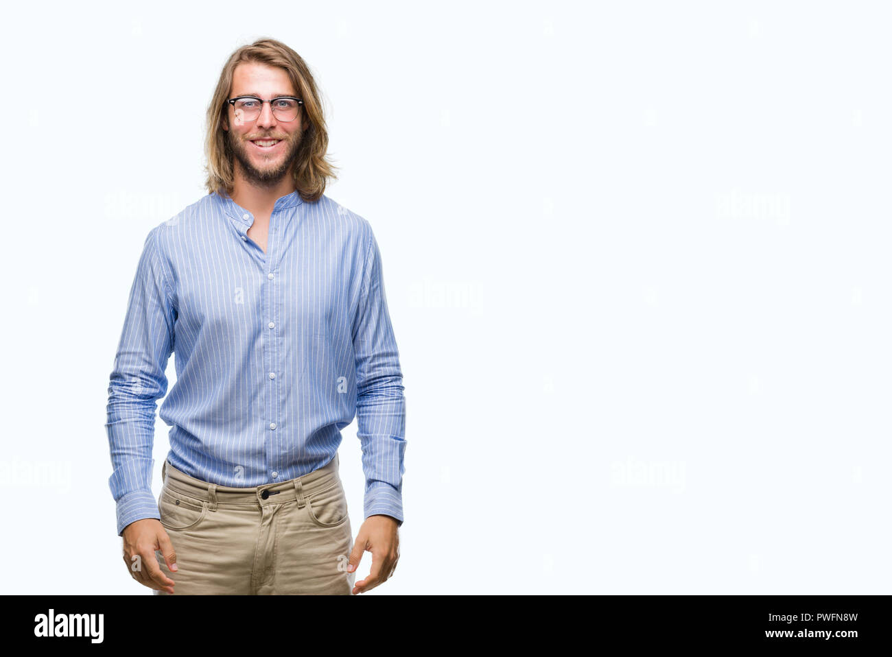 Young handsome man with long hair wearing glasses over isolated ...
