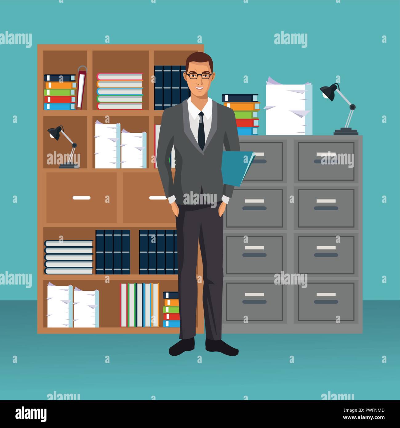 business character working in office scenario and elements vector ...
