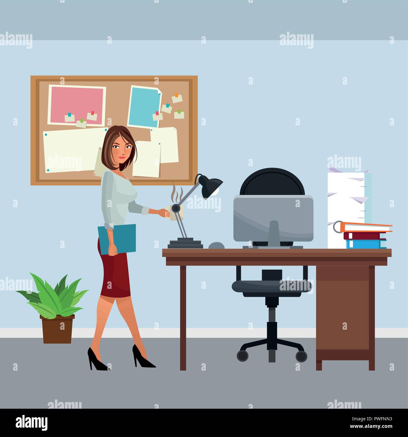 business character working in office scenario and elements vector ...