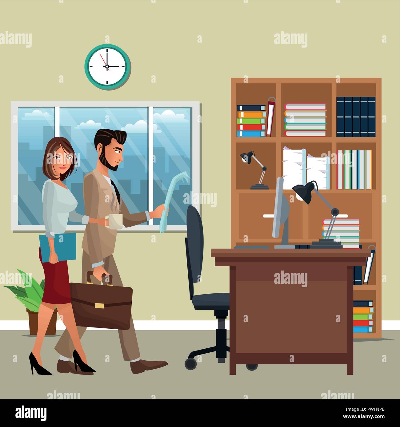 business colleagues working in office scenario and elements vector ...